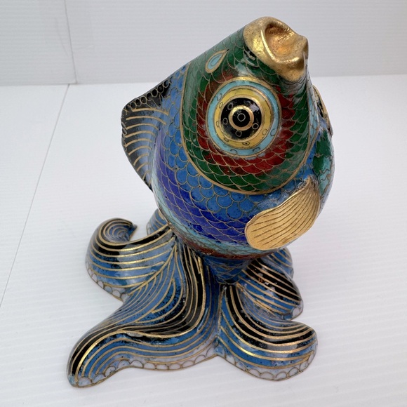 Cloisonne Enameled Blue Gold Fish Statue Figurine Decor Nautical ...